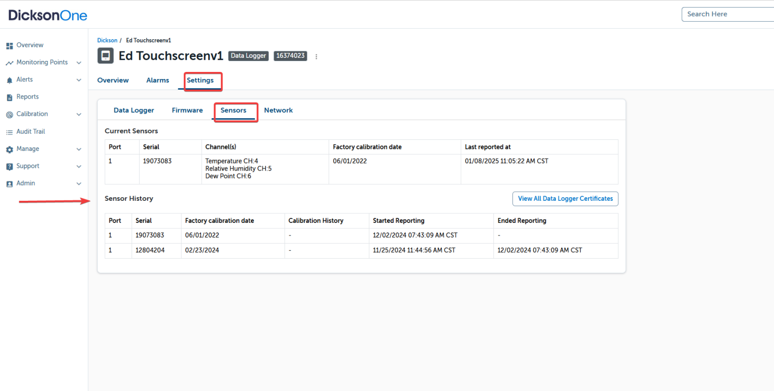 Sensor Information and Behaviors for DicksonOne