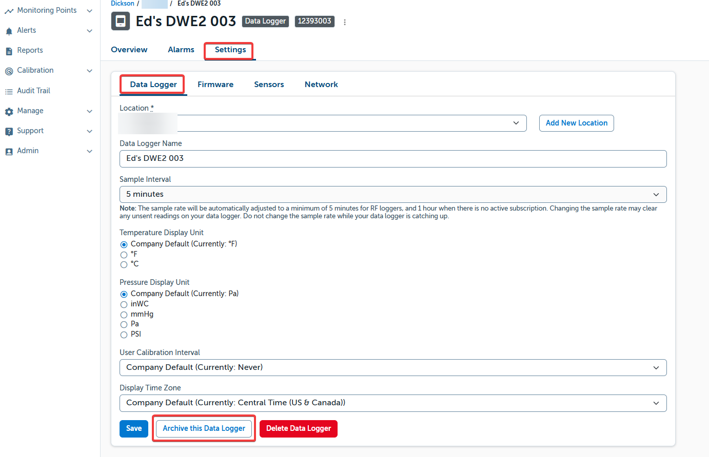 Archive a Device for DicksonOne