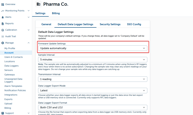 Manage Firmware Settings for DicksonOne