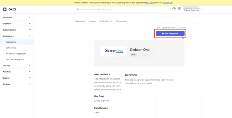 Single Sign On for DicksonOne